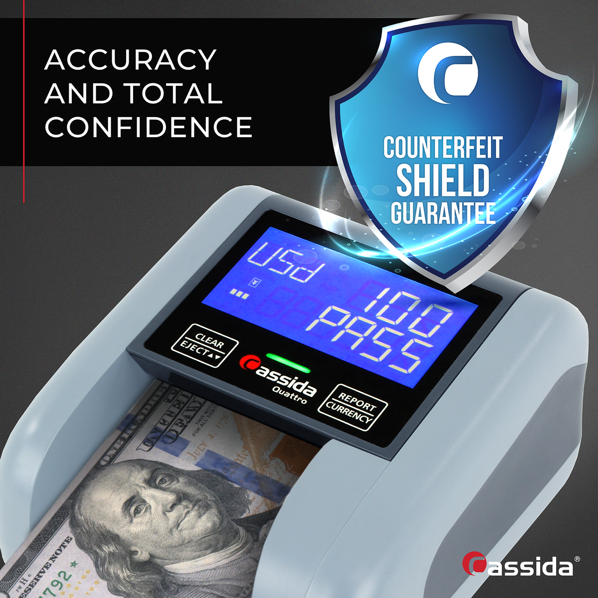 Cassida Quattro Counterfeit Detector - Money Checker w/ Report Screen