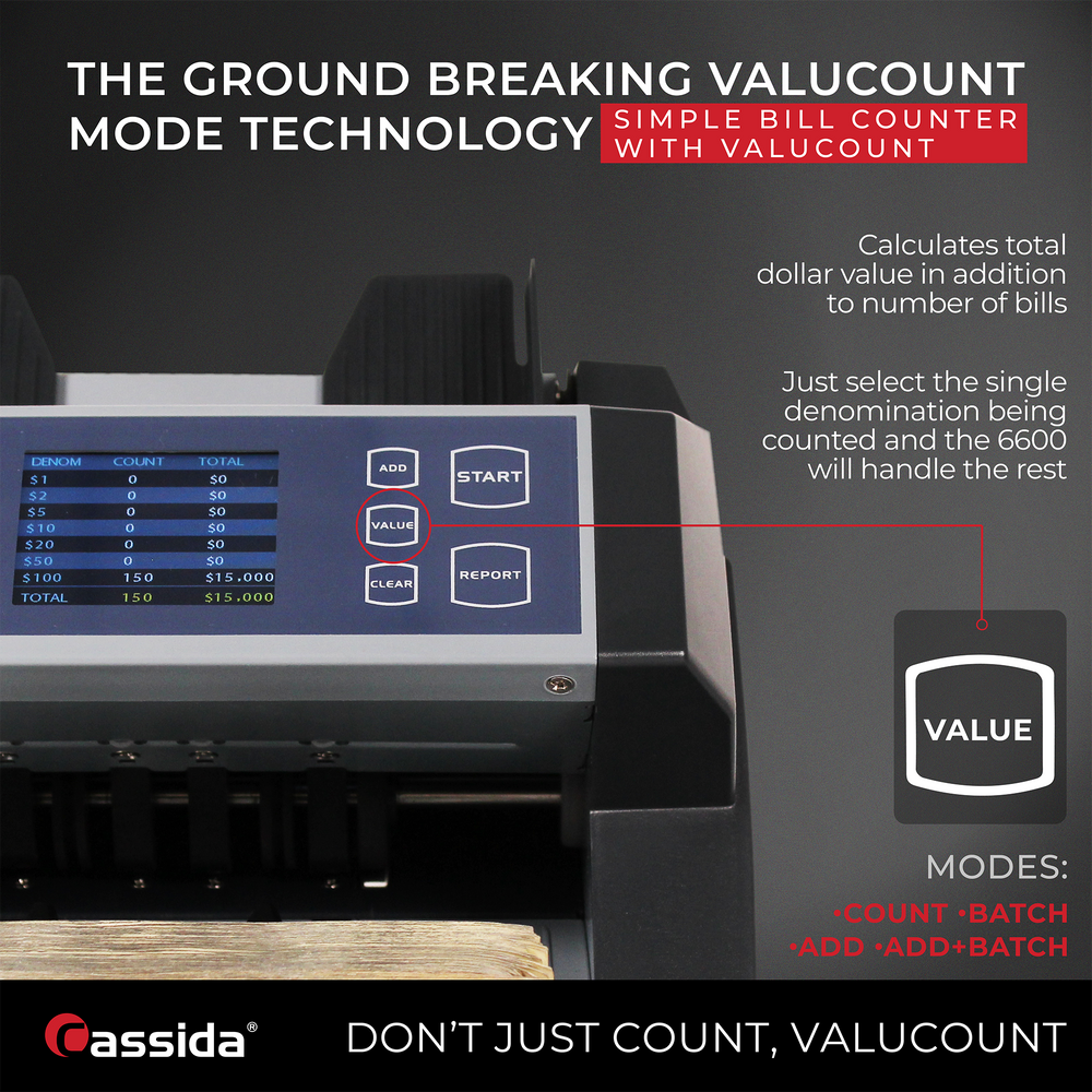 Cassida 6600 UV/MG Bill Counter - Money Counter with Top Loading & Value Count Features