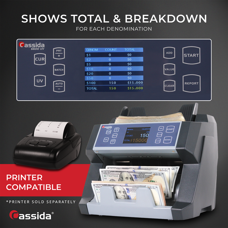 Cassida 6600 UV/MG Bill Counter - Money Counter with Top Loading & Value Count Features
